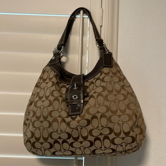 Coach | Bags | Coach 3 Compartment Large Brown Tan Logo Hobo Bag Read ...